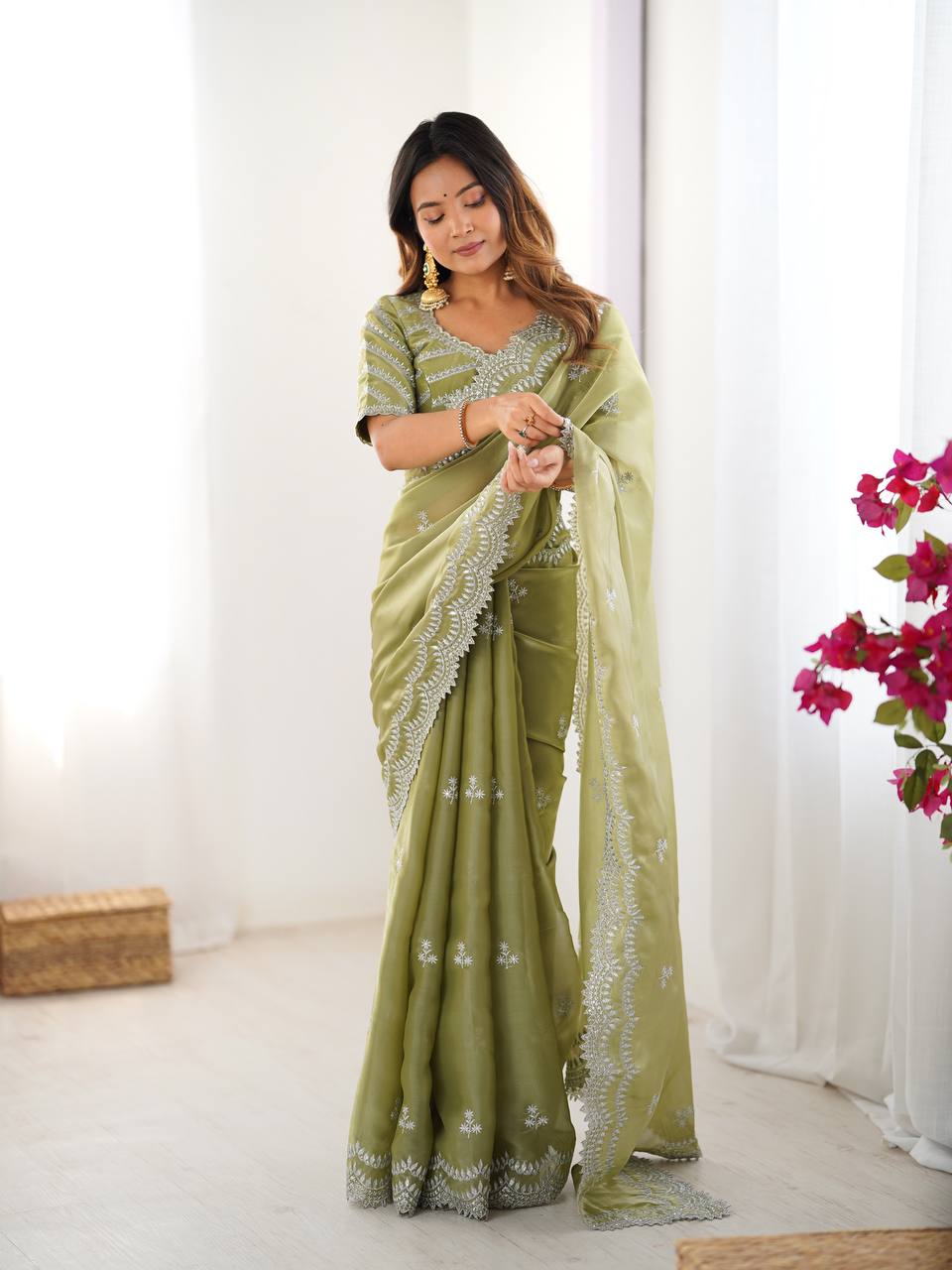 Lovely Heavy Work Green Color Saree – Ethenora